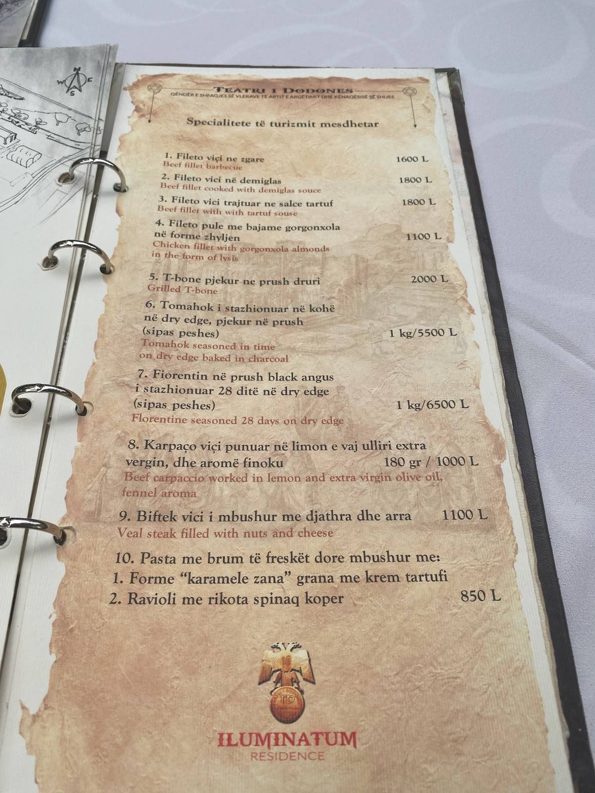 Menu at Iluminatum Residence restaurant, Petrelë, Ura e Peshkatarit