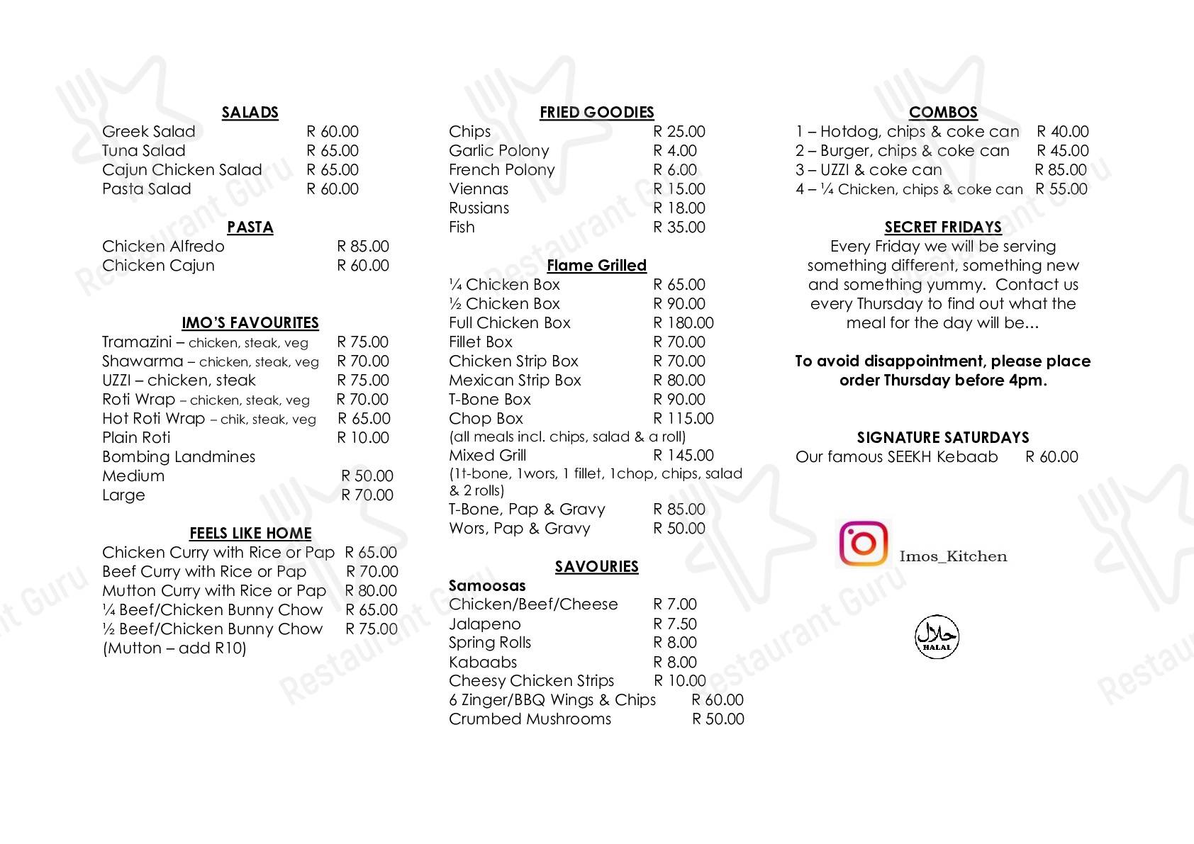 Menu at Imo's Kitchen restaurant, Vereeniging