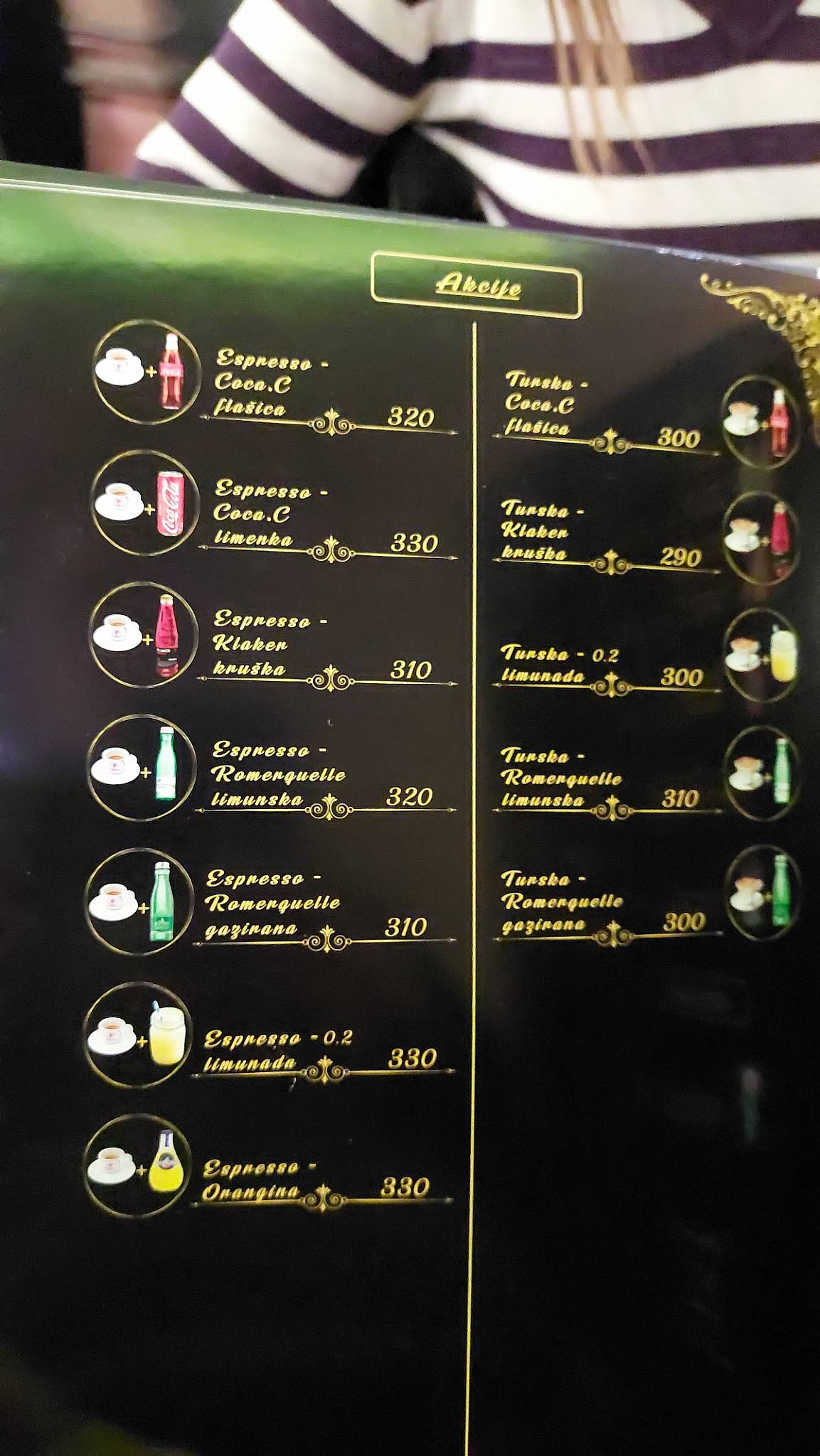 Menu au Imperator caffe bar, Niš