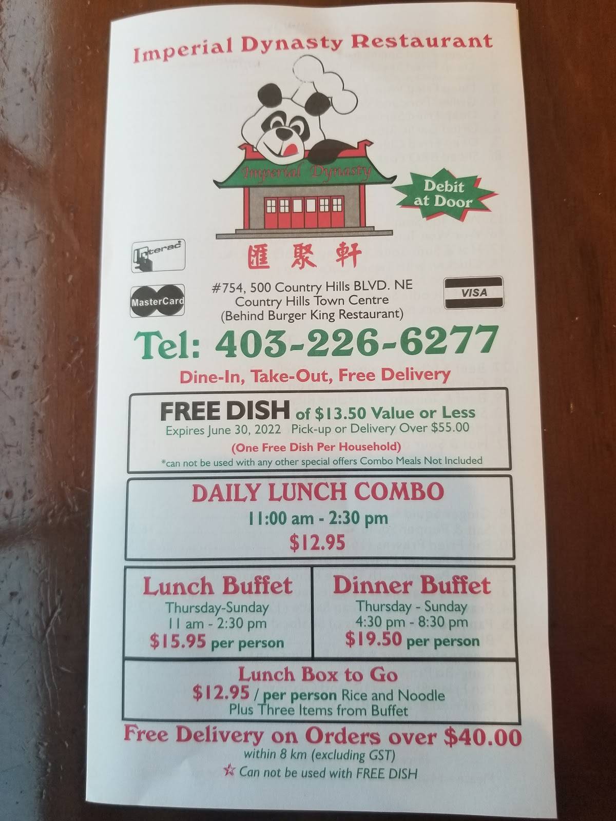Menu at Imperial Dynasty Restaurant, Calgary