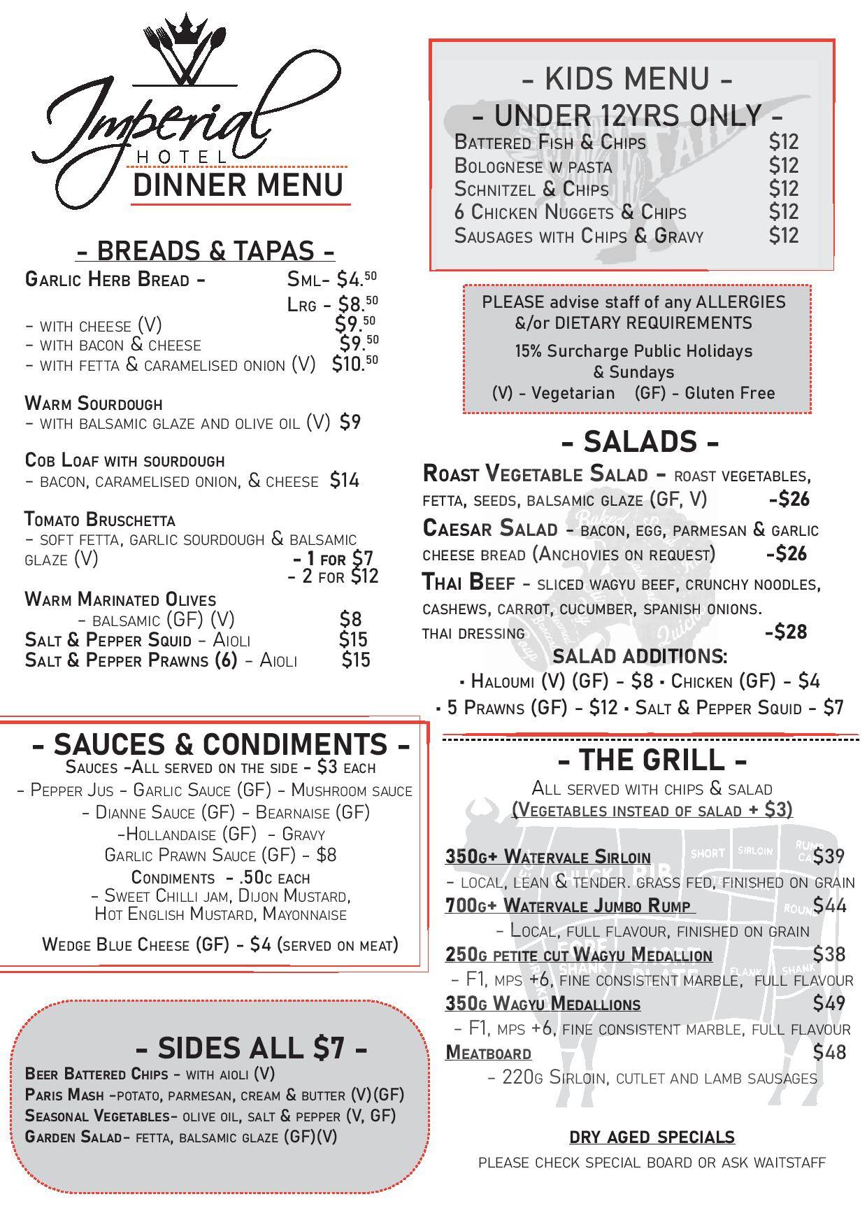 Menu at Imperial Hotel pub & bar, Cowra
