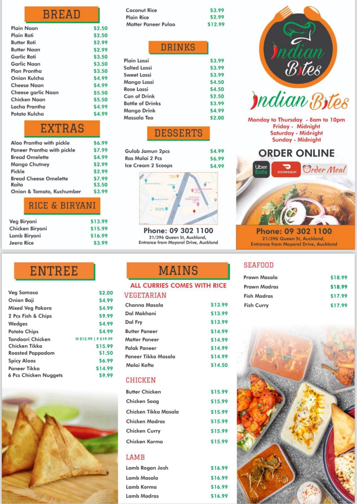 Menu at Indian Bites restaurant, Auckland