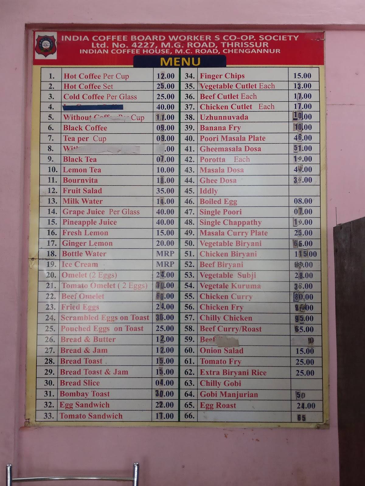 Menu at Indian Coffee House, Chengannur