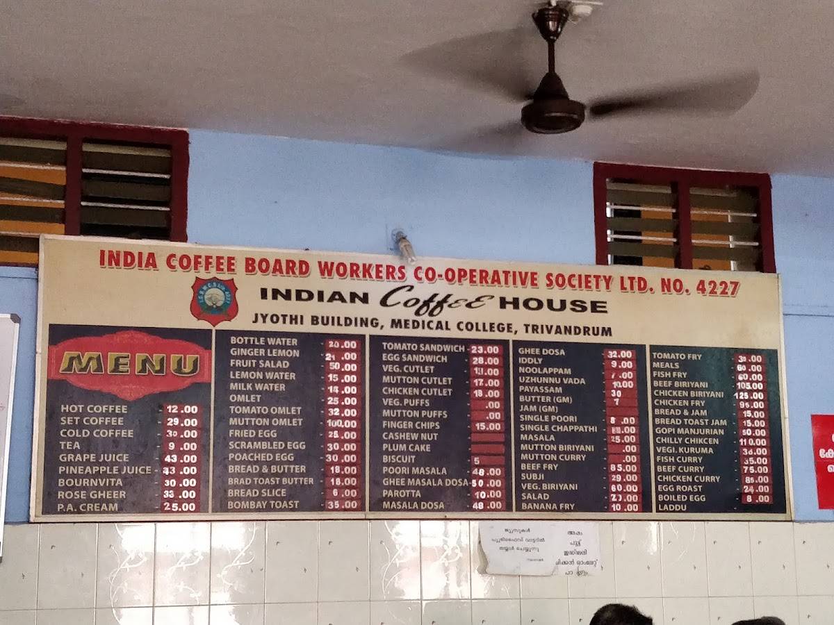Menu at Indian Coffee House, Thiruvananthapuram, Medical college
