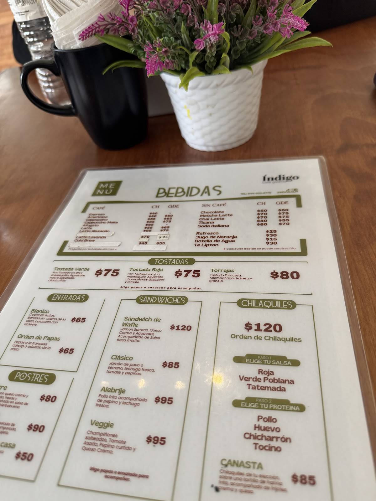 Carta de Índigo Café Galería, Saltillo