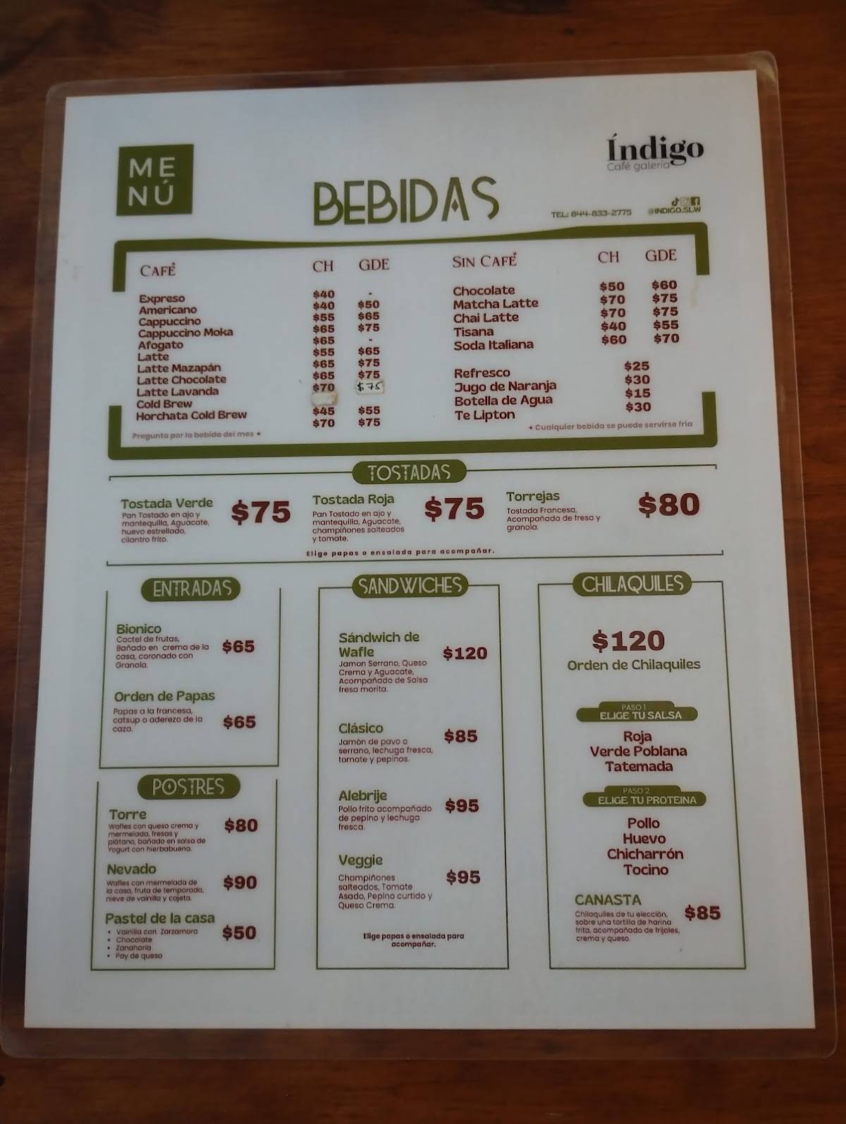 Carta de Índigo Café Galería, Saltillo