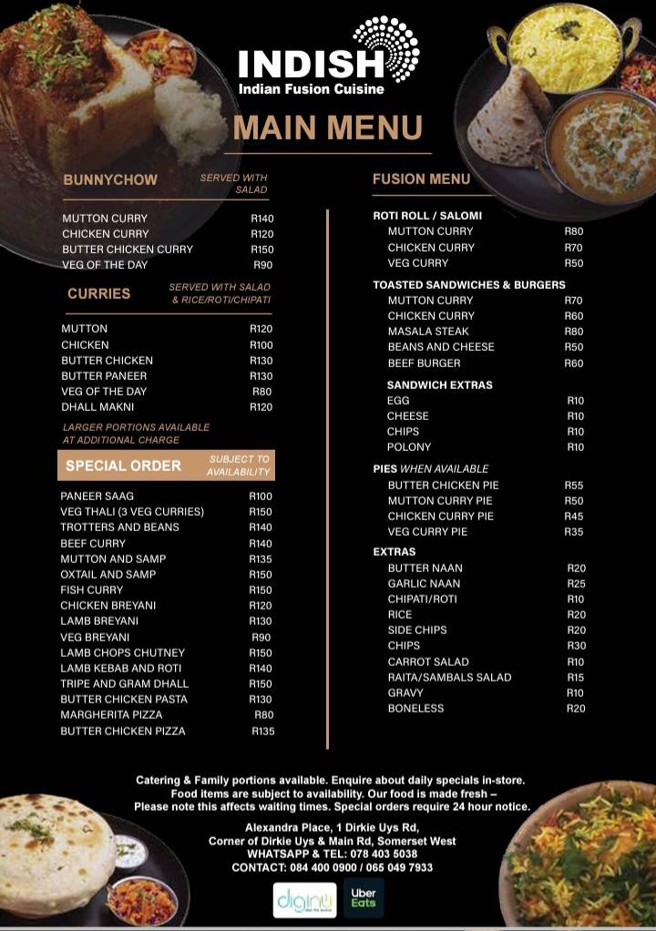 Menu at Indish restaurant, Cape Town