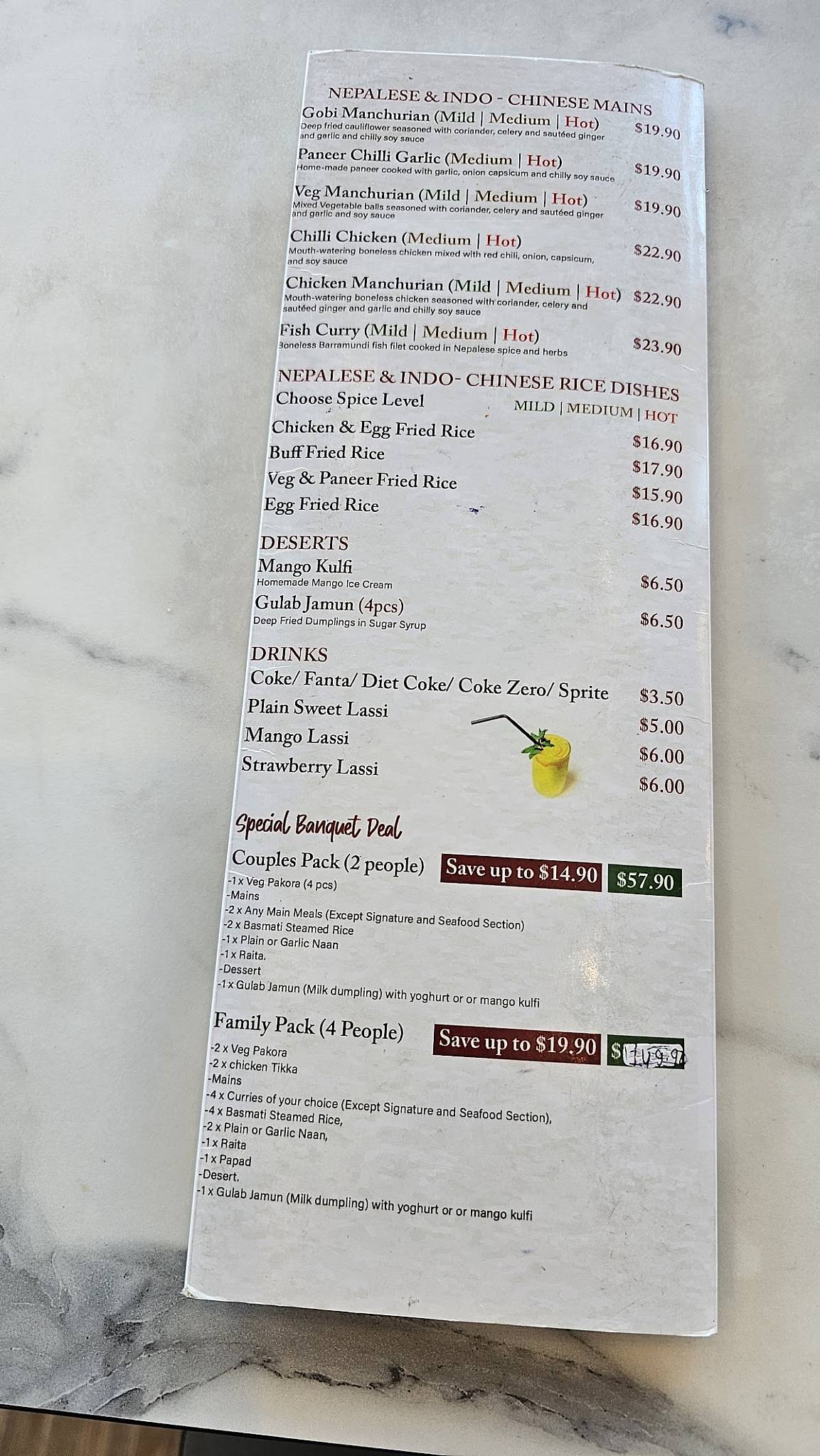 Menu at Indus Indian &Nepalese Restaurant Gold coast, Surfers Paradise