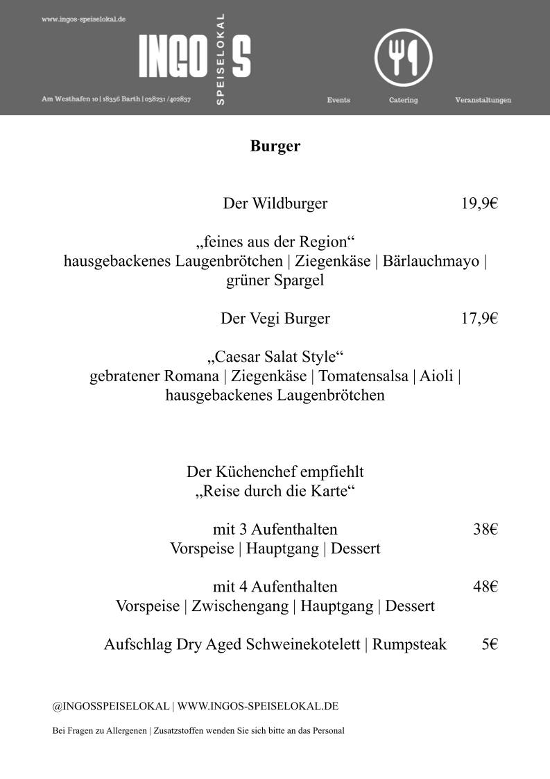 Speisekarte von Ingo's Speiselokal restaurant, Barth