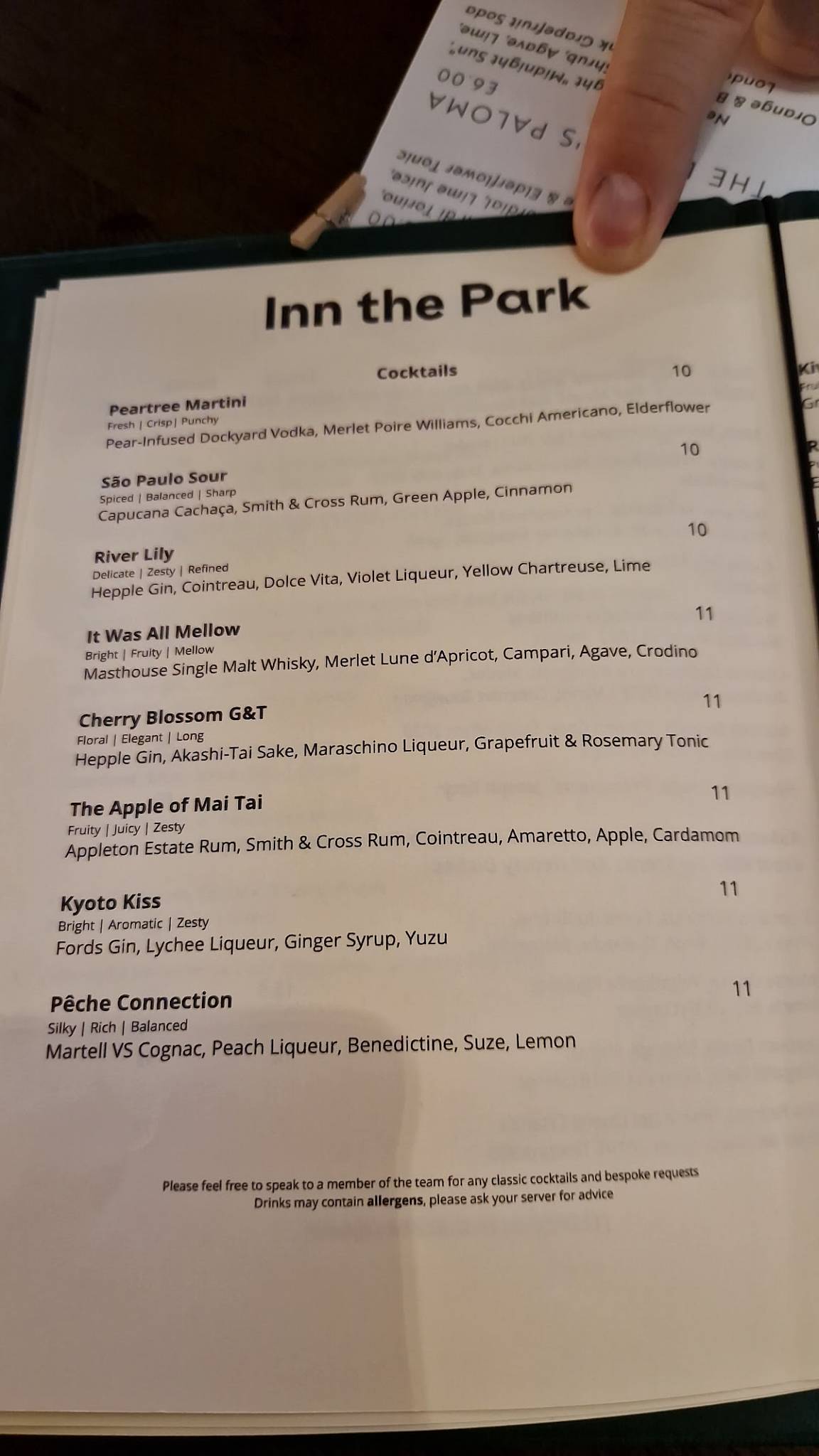 Menu at Inn The Park restaurant, Winchester