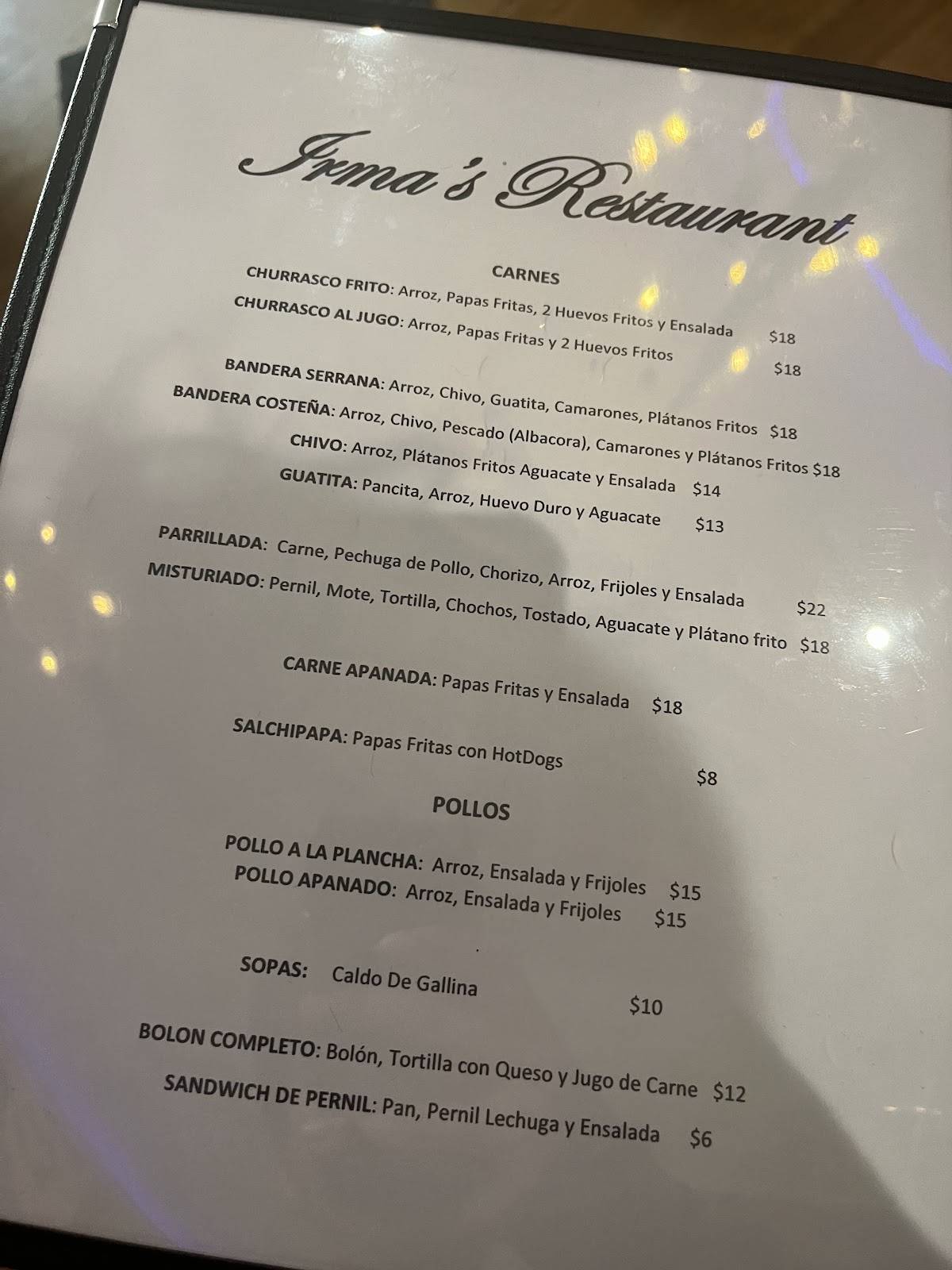 Menu at Irma's Restaurant, Plainfield