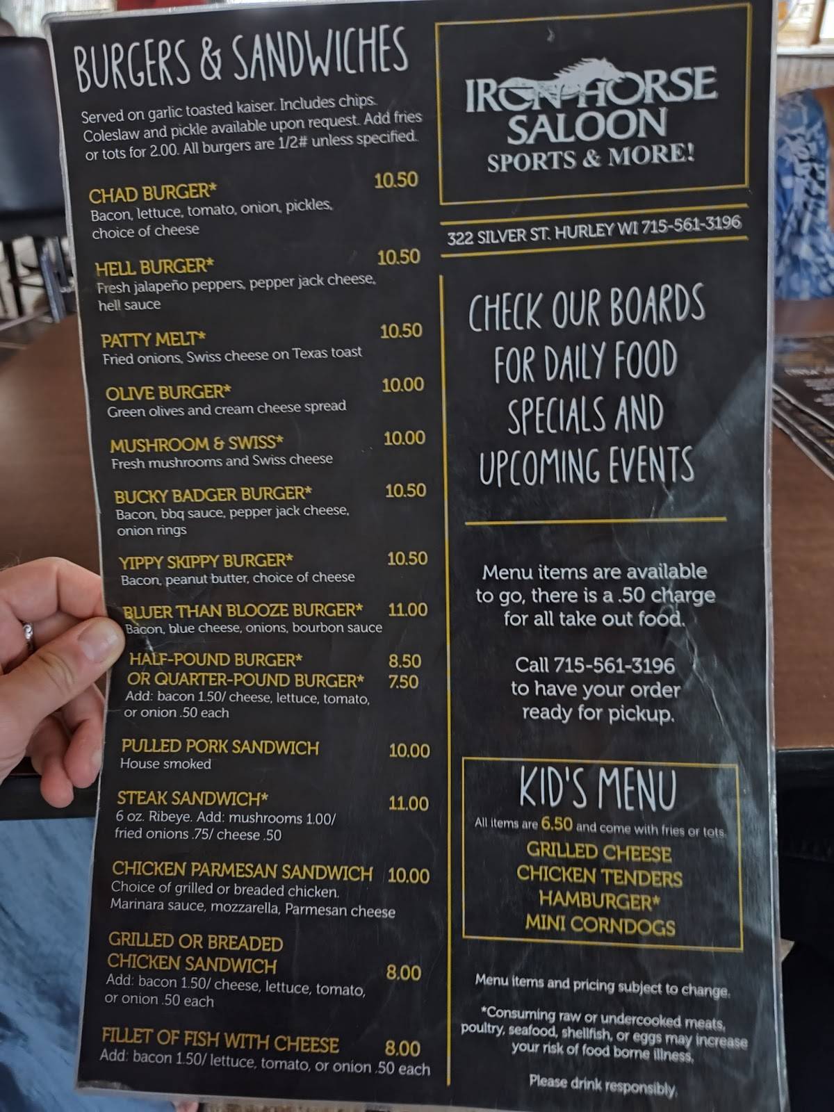 Menu at Iron Horse Inn pub & bar, Hurley