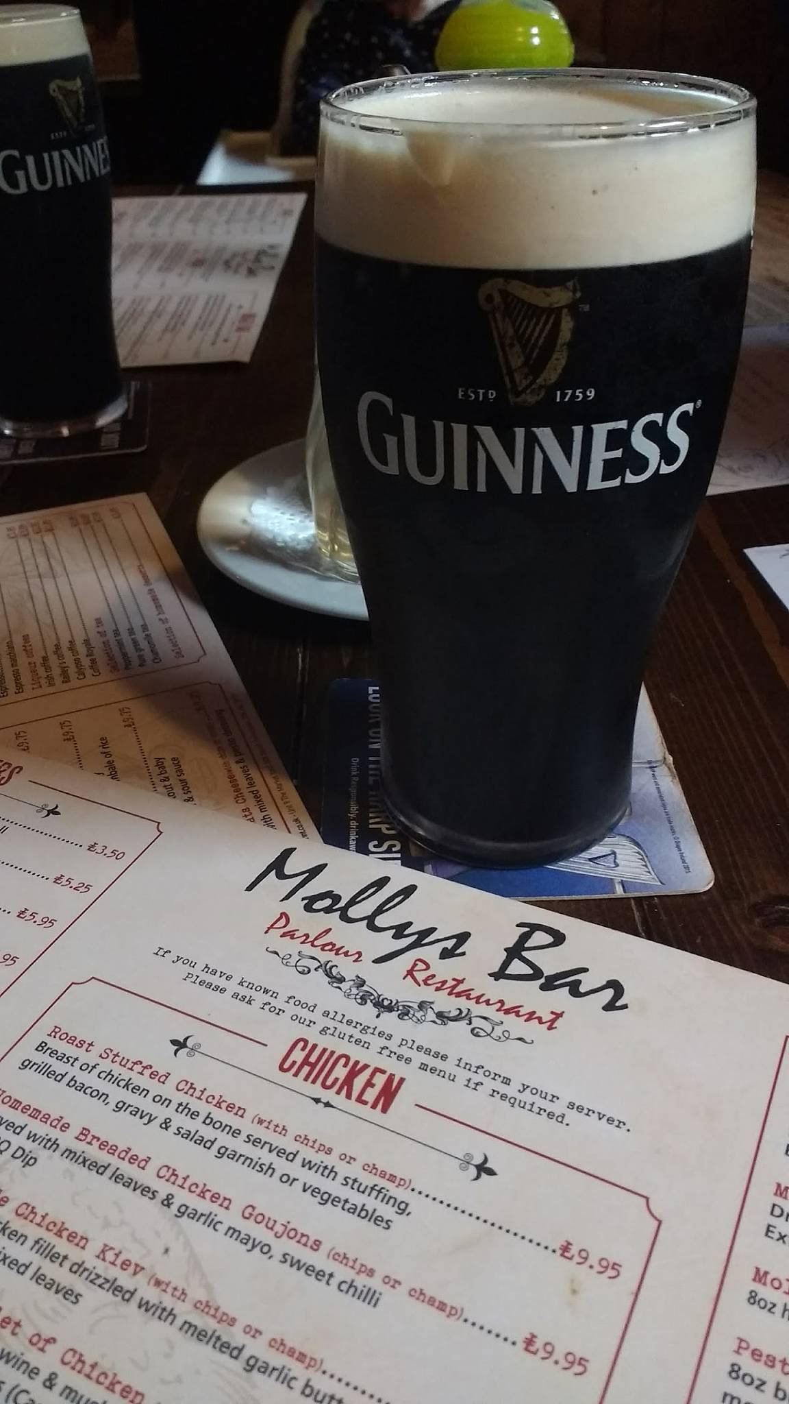 Menu at Molly's Bar, Irvinestown