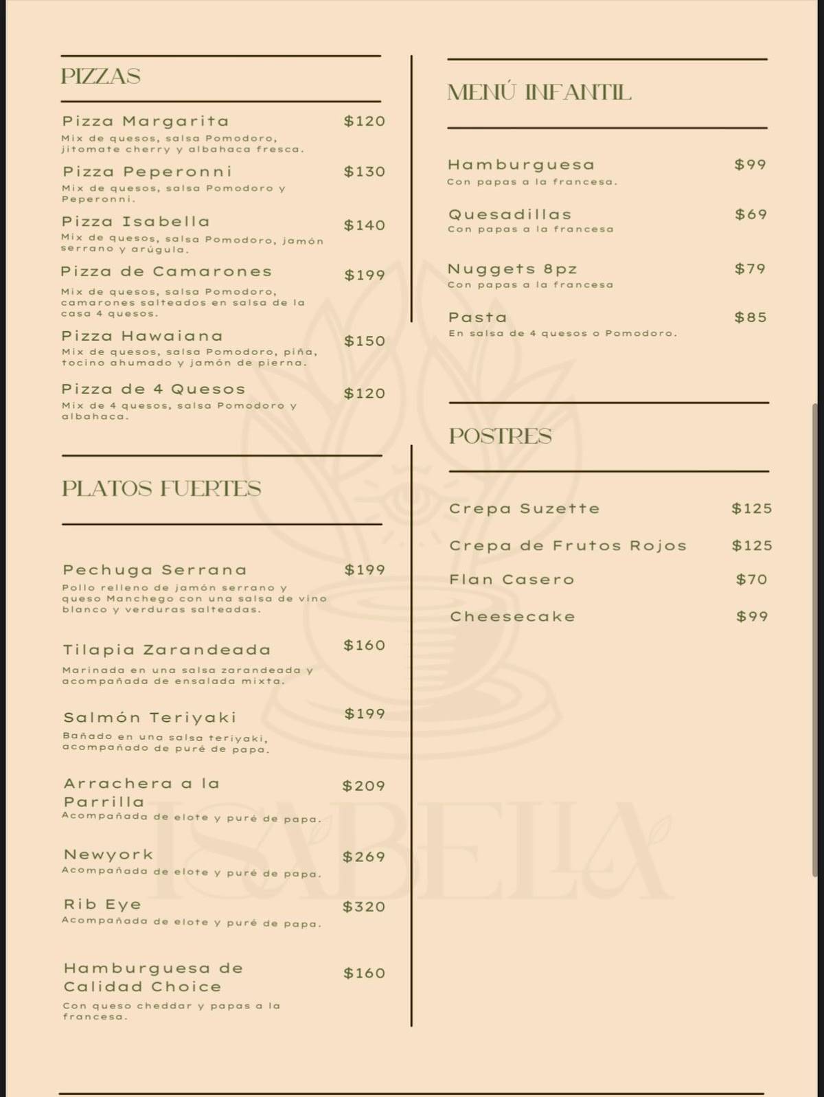 Menu at Isabella restaurant, Morelia