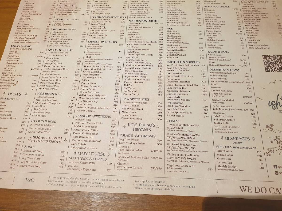 Menu at Ishtaa, Hyderabad
