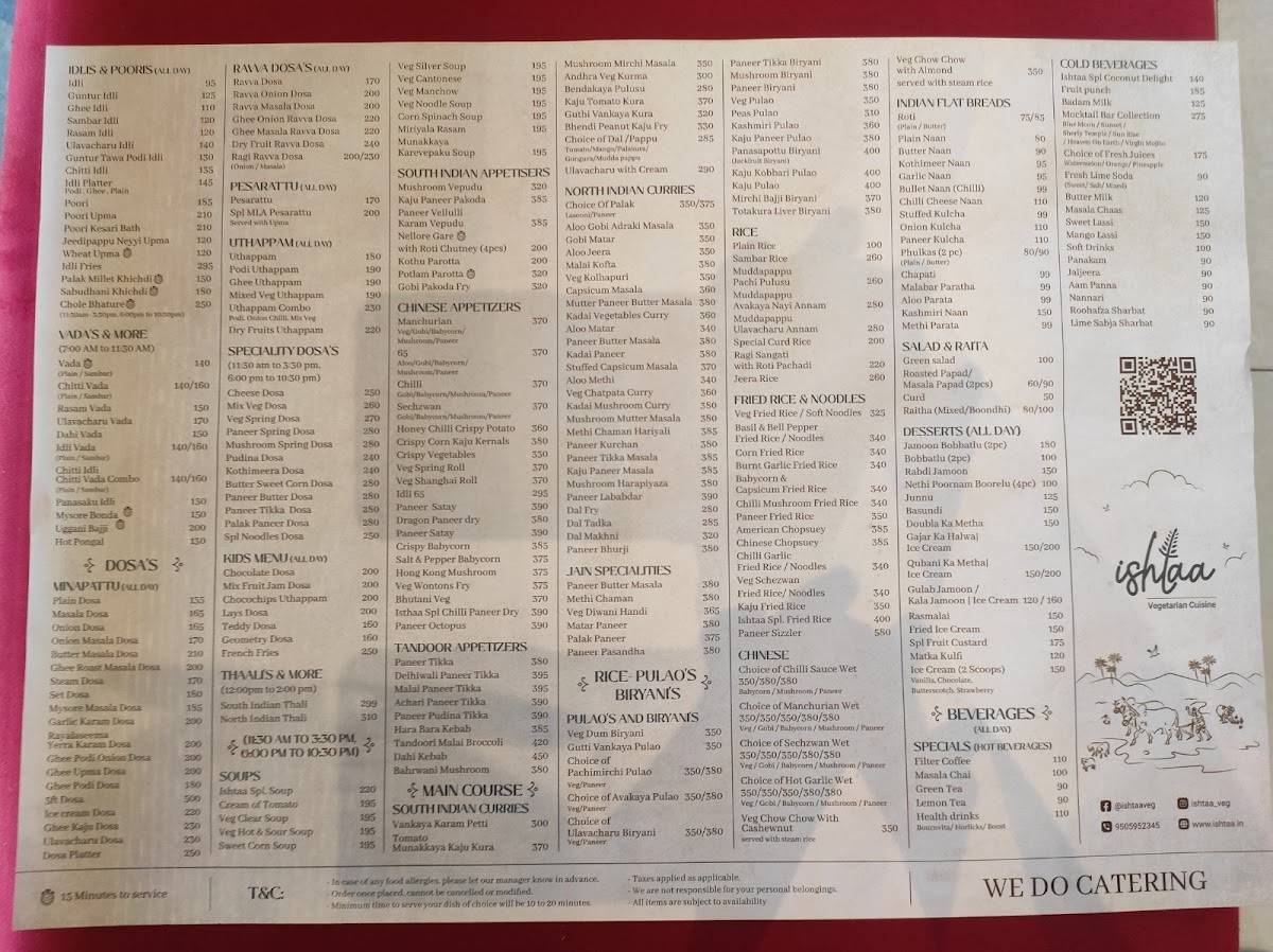 Menu at Ishtaa, Hyderabad