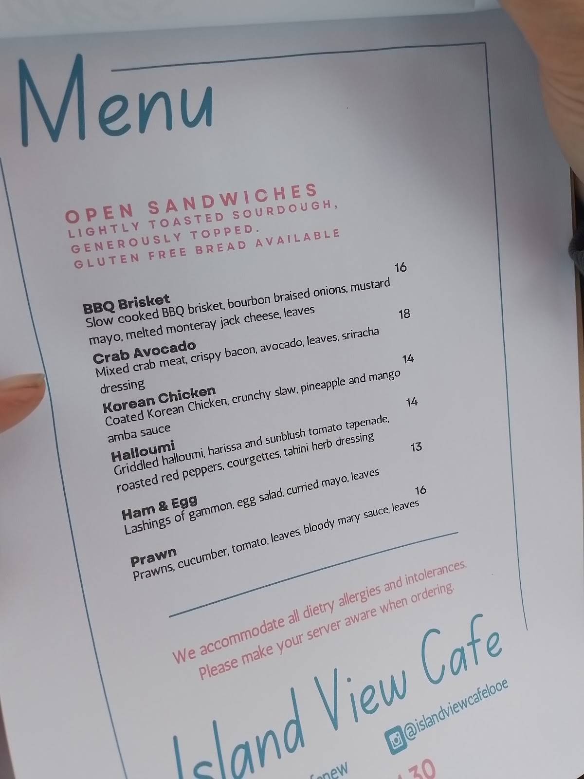 Menu at Island View Cafe, Looe, Marine Dr