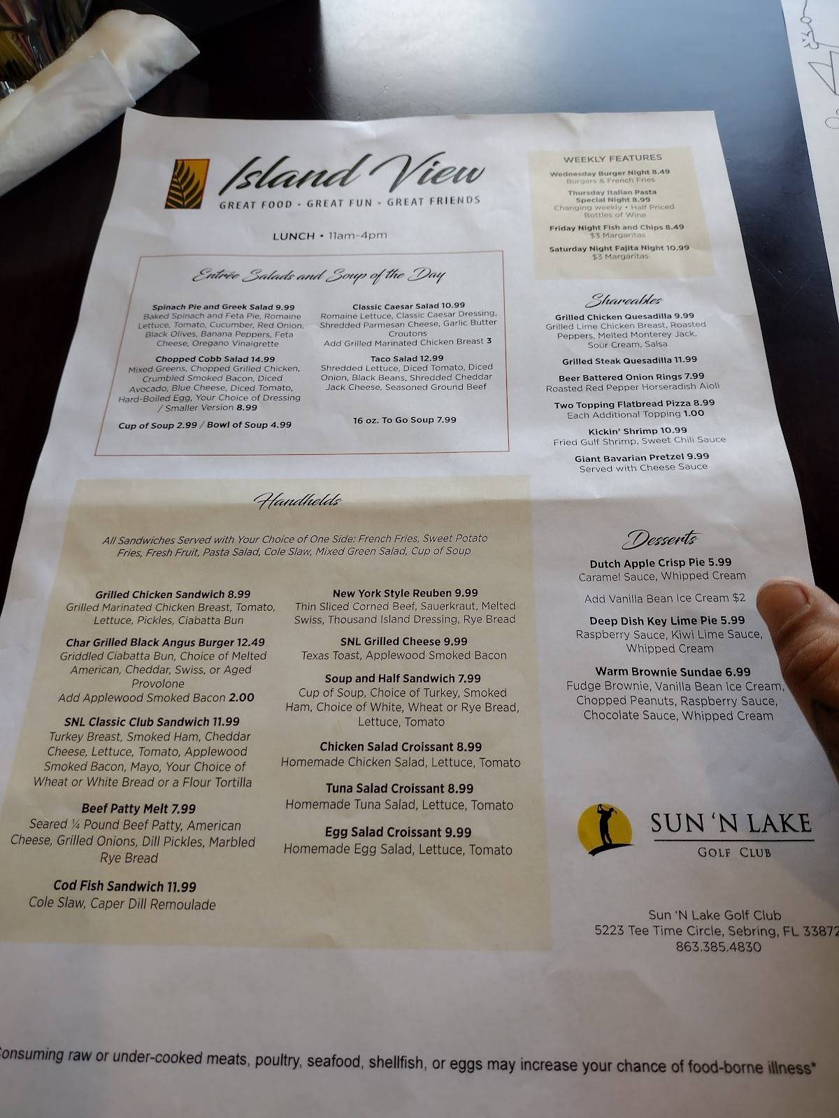 Menu at Island View Restaurant, Sebring