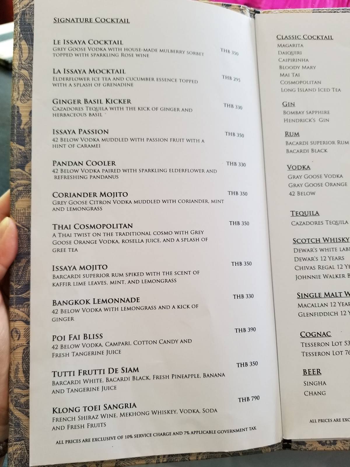 Menu at Issaya Siamese Club, Bangkok