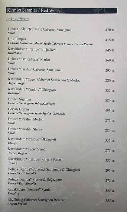 Menu at Mavi Balik, Istanbul