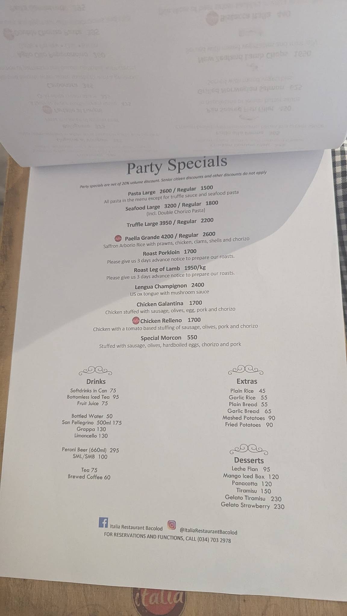 Menu at Italia Restaurant, Bacolod, Paseo Verde Building