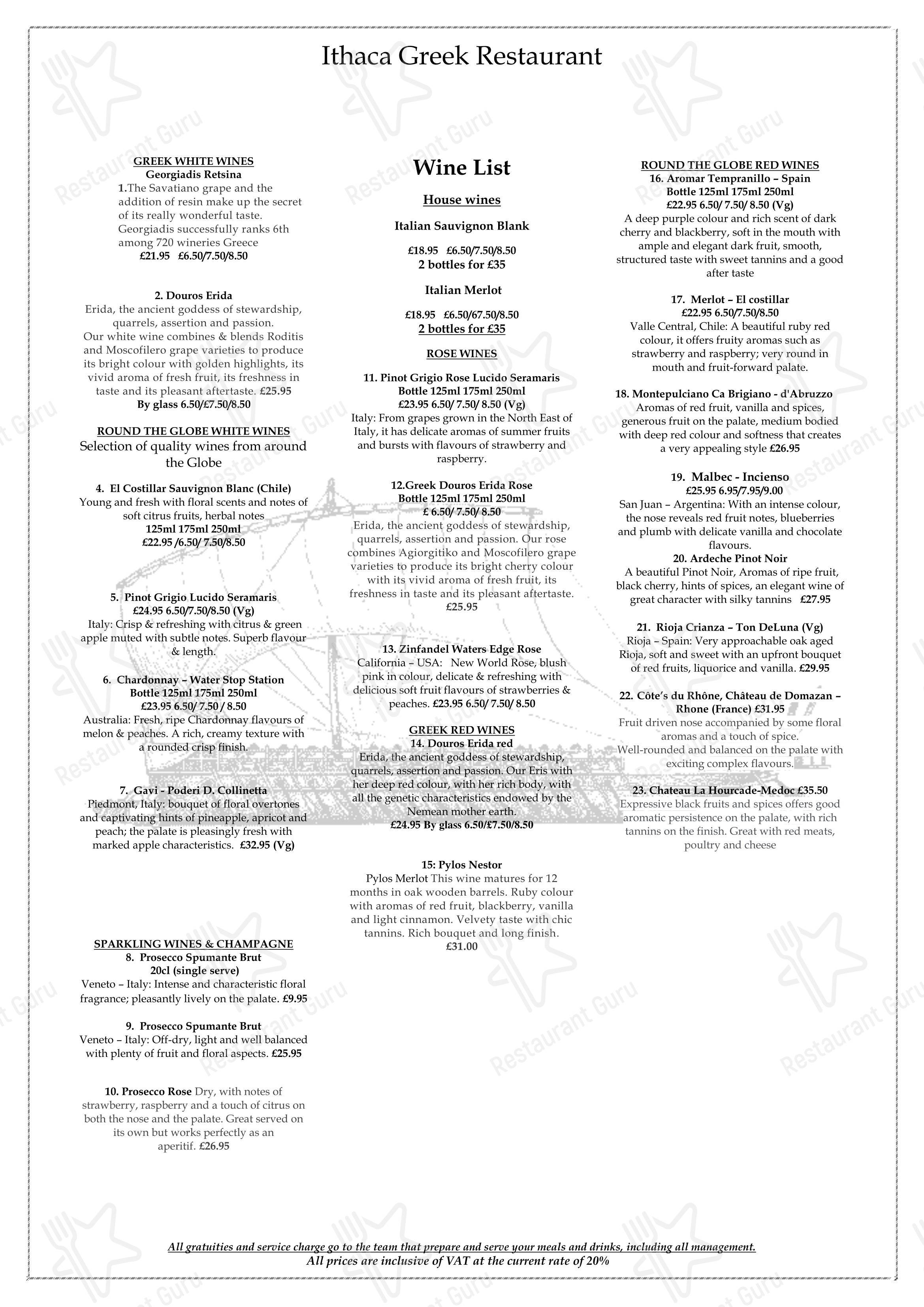 Menu at Ithaca Greek restaurant, Buxton