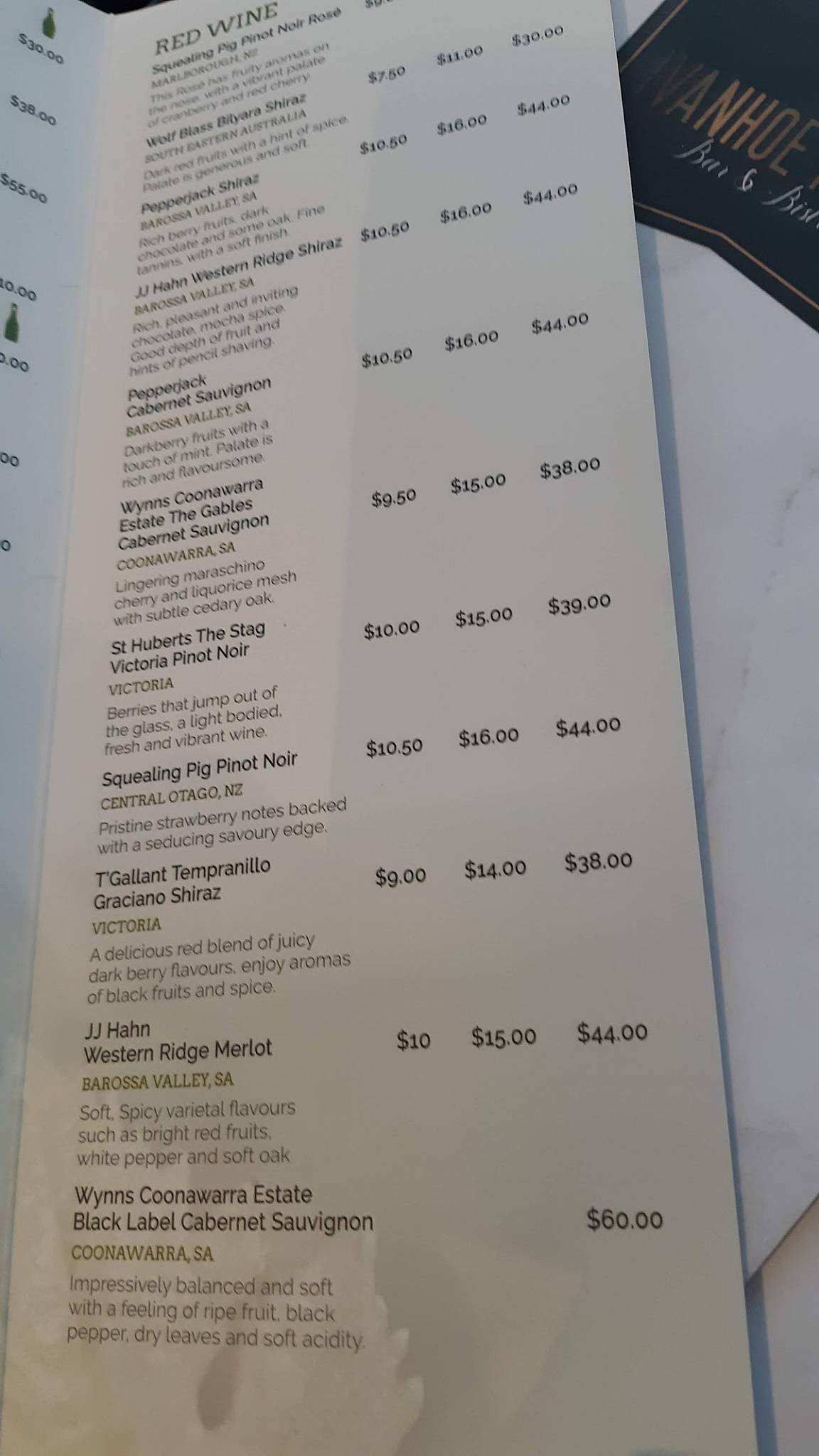 Menu at Ivanhoe Hotel pub & bar, Ivanhoe