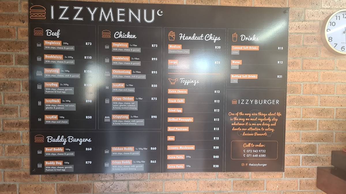 Menu at Izzyburger Goodwood restaurant, Cape Town