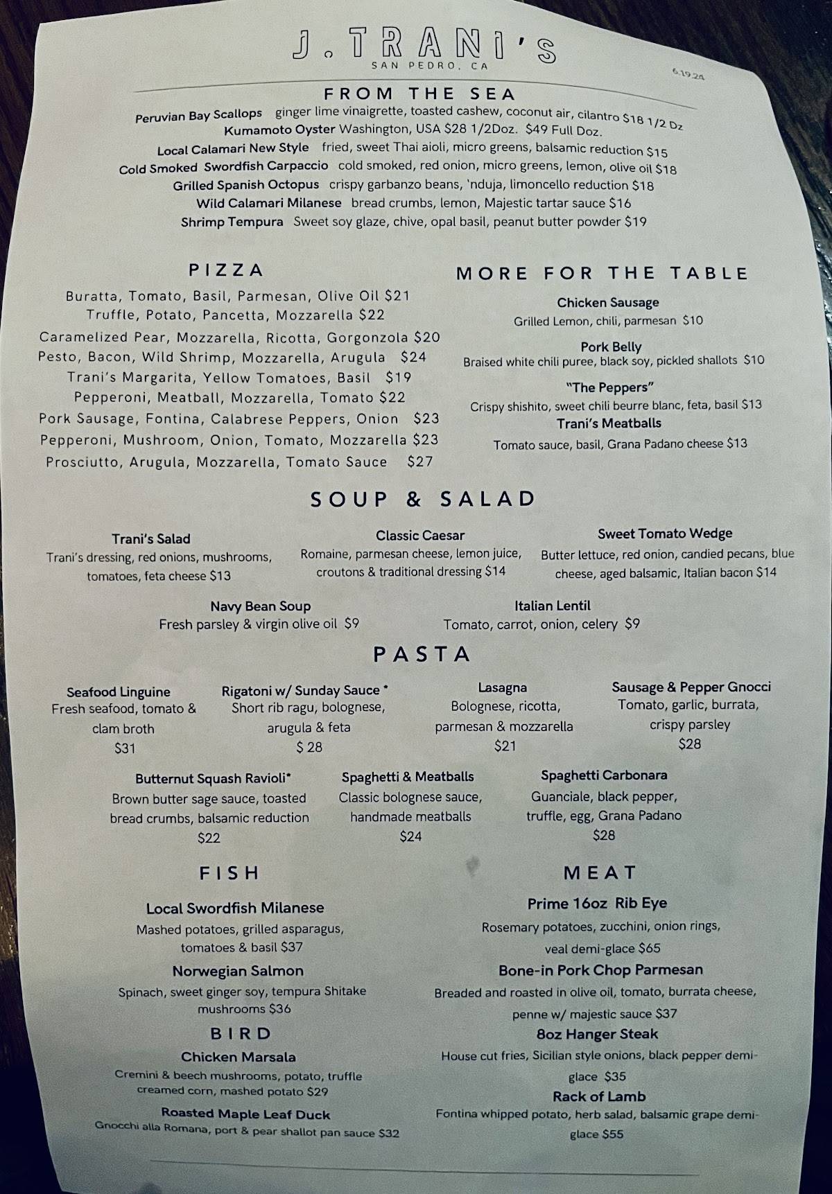 Menu at J.Trani's Ristorante restaurant, Rancho Palos Verdes, 584 W 9th St