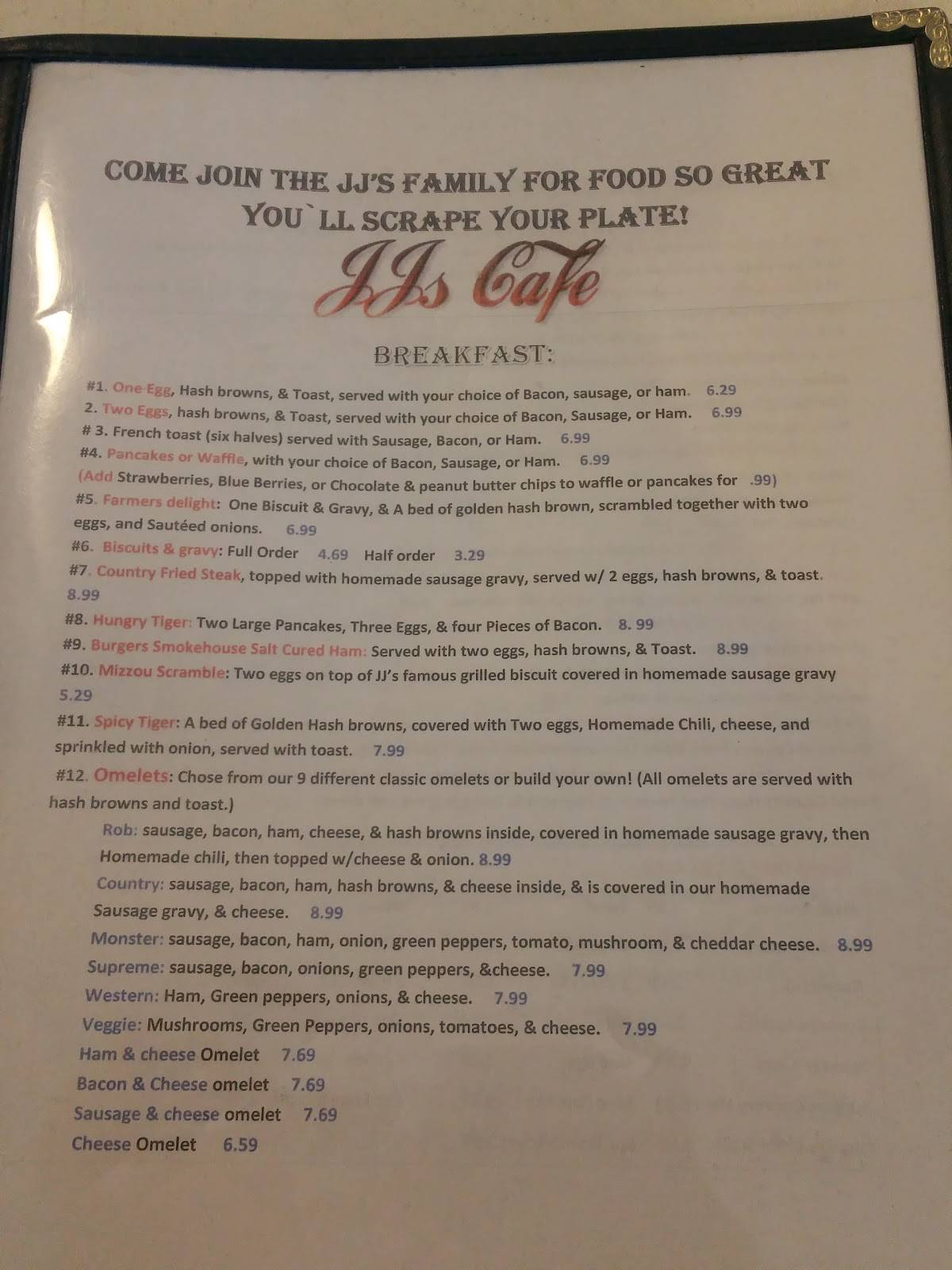 Menu at JJ's Cafe, Centralia