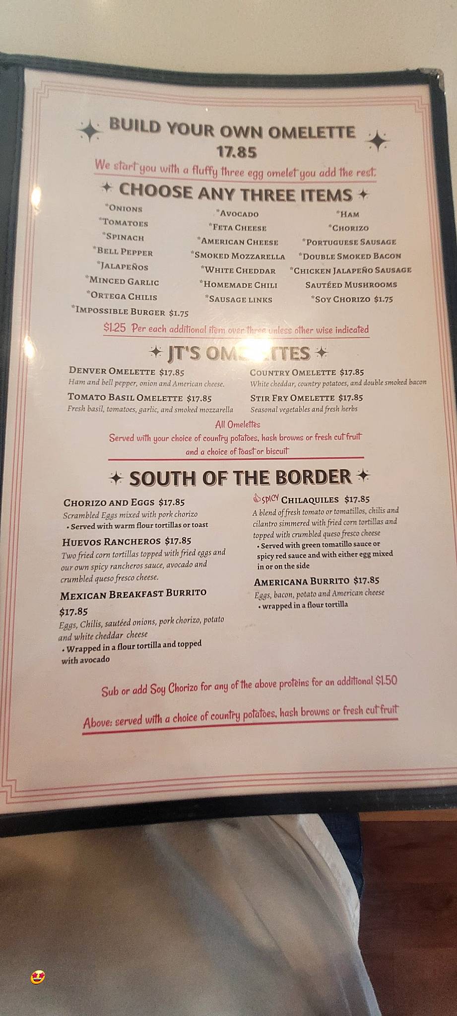 Menu at JT's Diner restaurant, Palm Desert