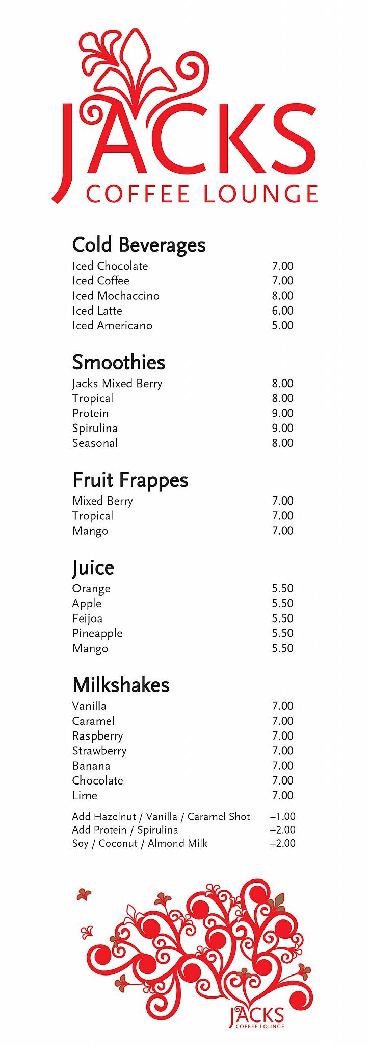 Menu at Jacks Coffee Lounge cafe, Hamilton
