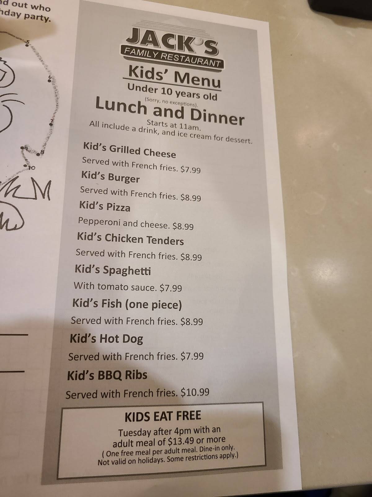 Menu at Jack's Family Restaurant, Waterloo