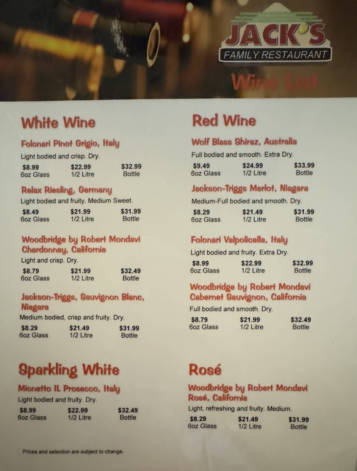 Menu at Jack's Family Restaurant, Waterloo