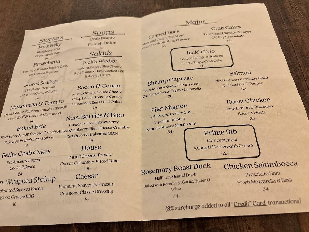 Menu at Jack’s on Main restaurant, Clayton