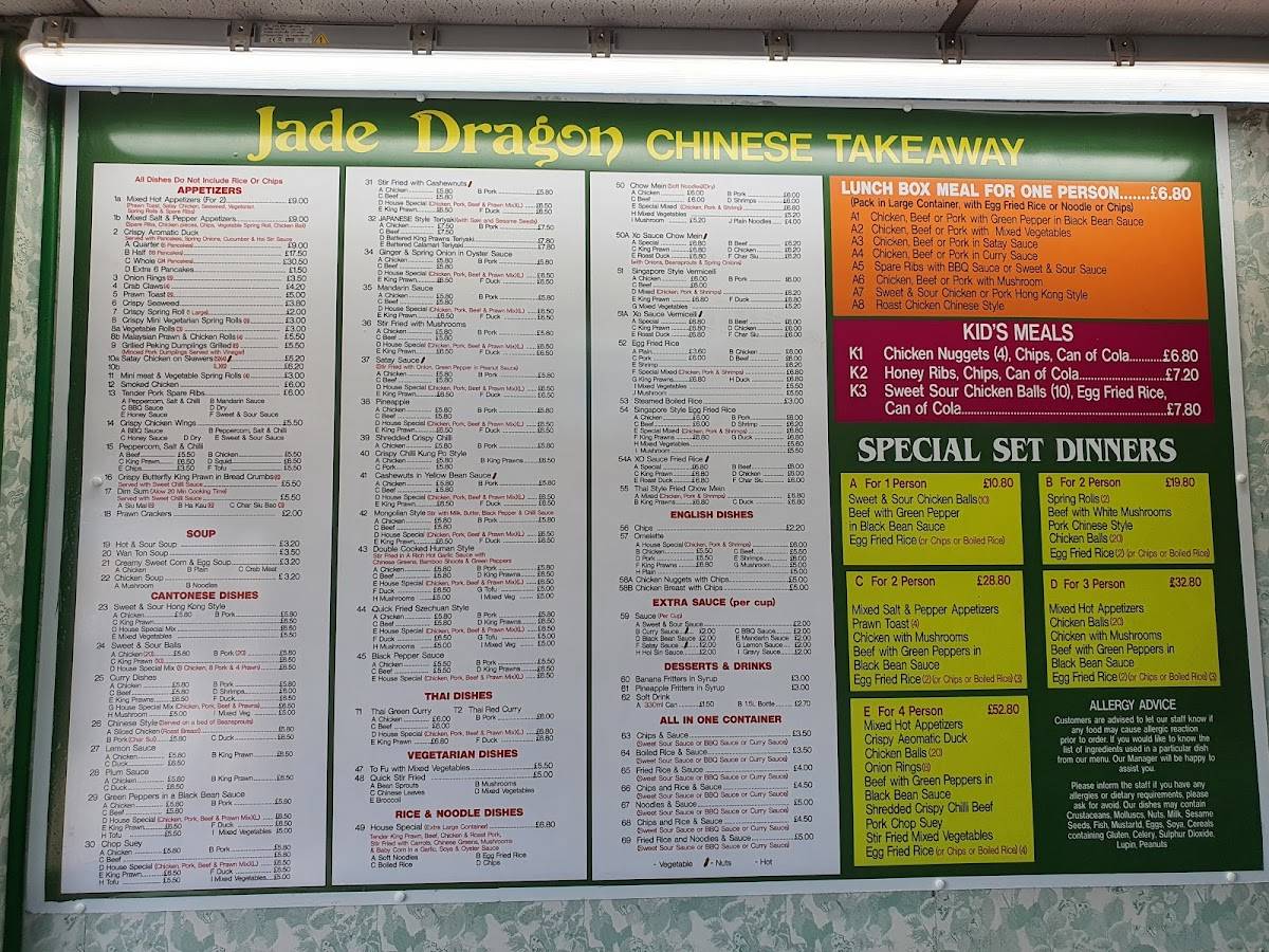 Menu at Jade Dragon fast food, Hull, 967 Hedon Rd