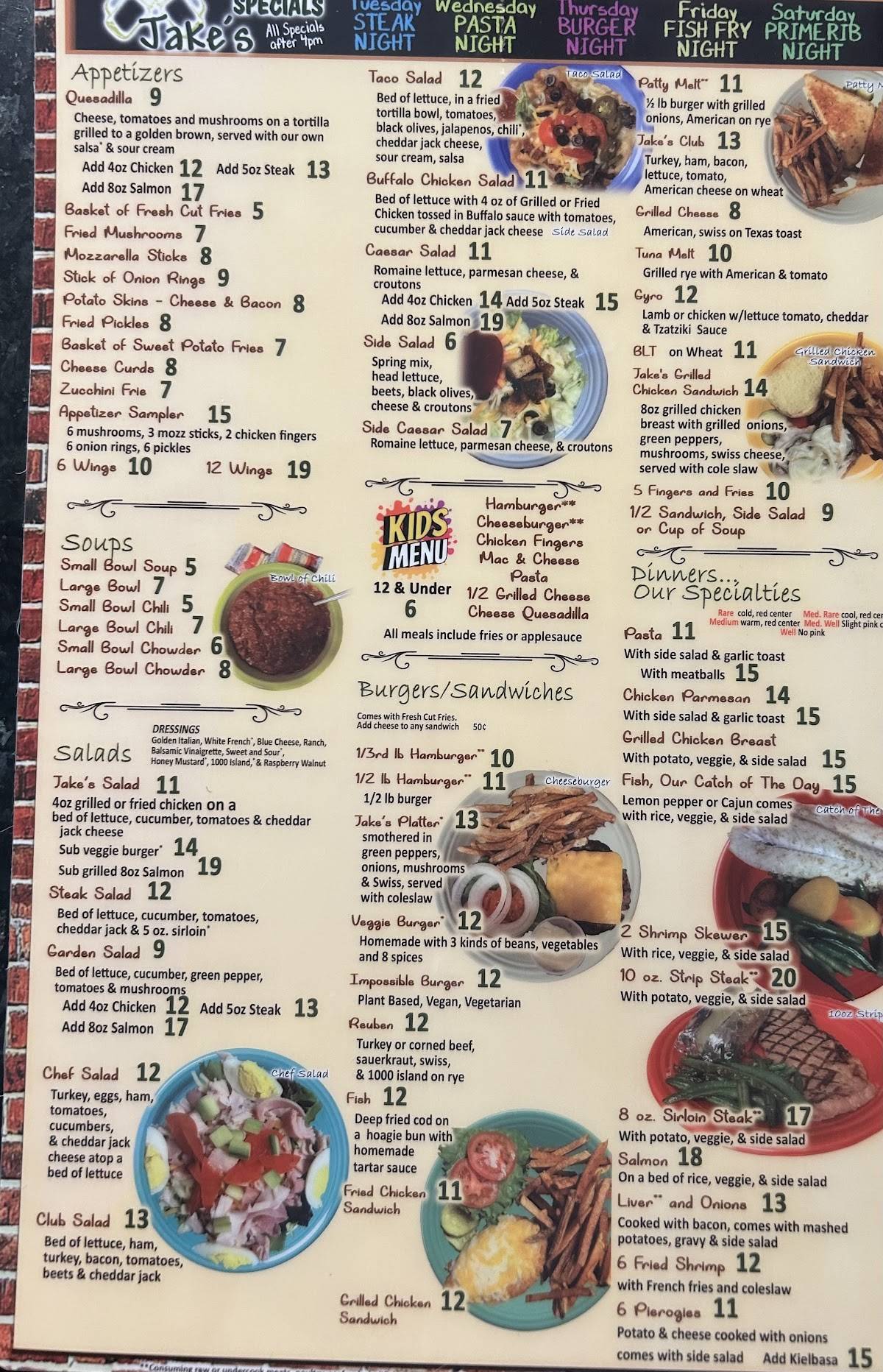 Menu at Jake's Eats restaurant, Mantua