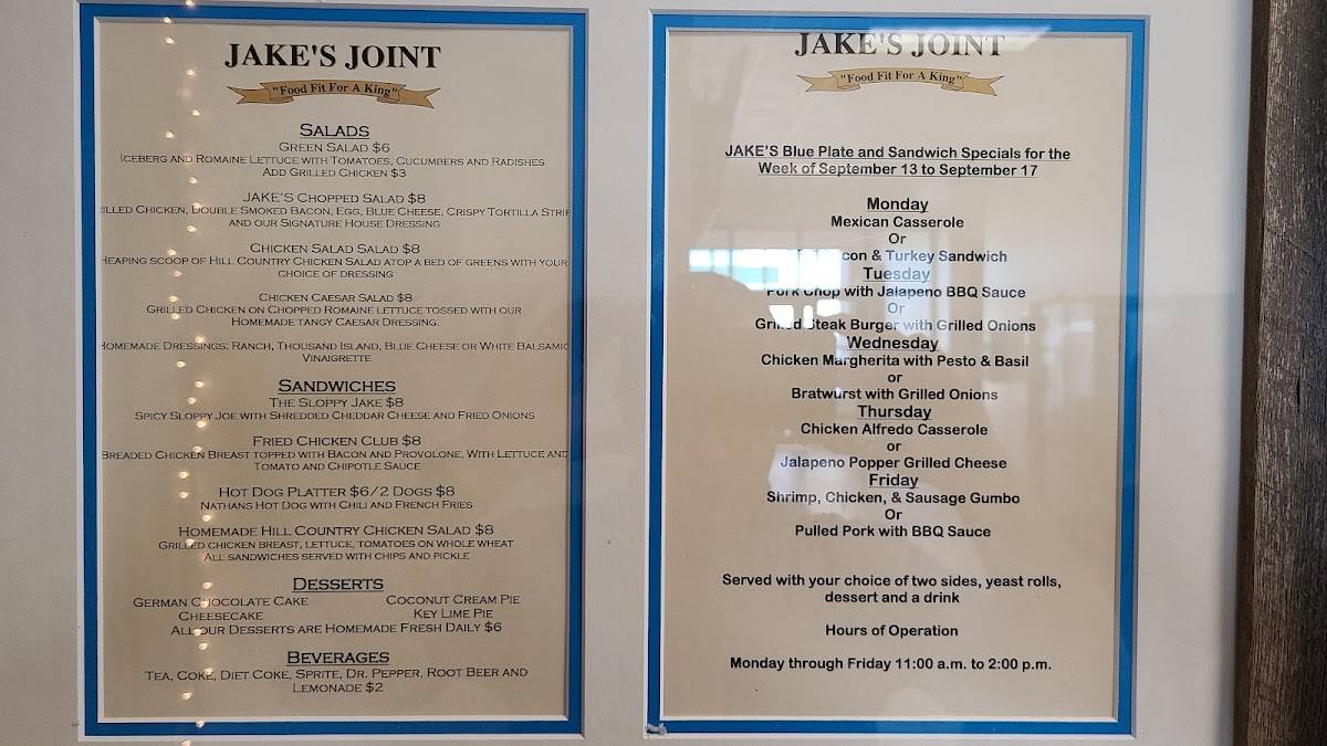 Menu at Jake’s Joint restaurant, Ardmore