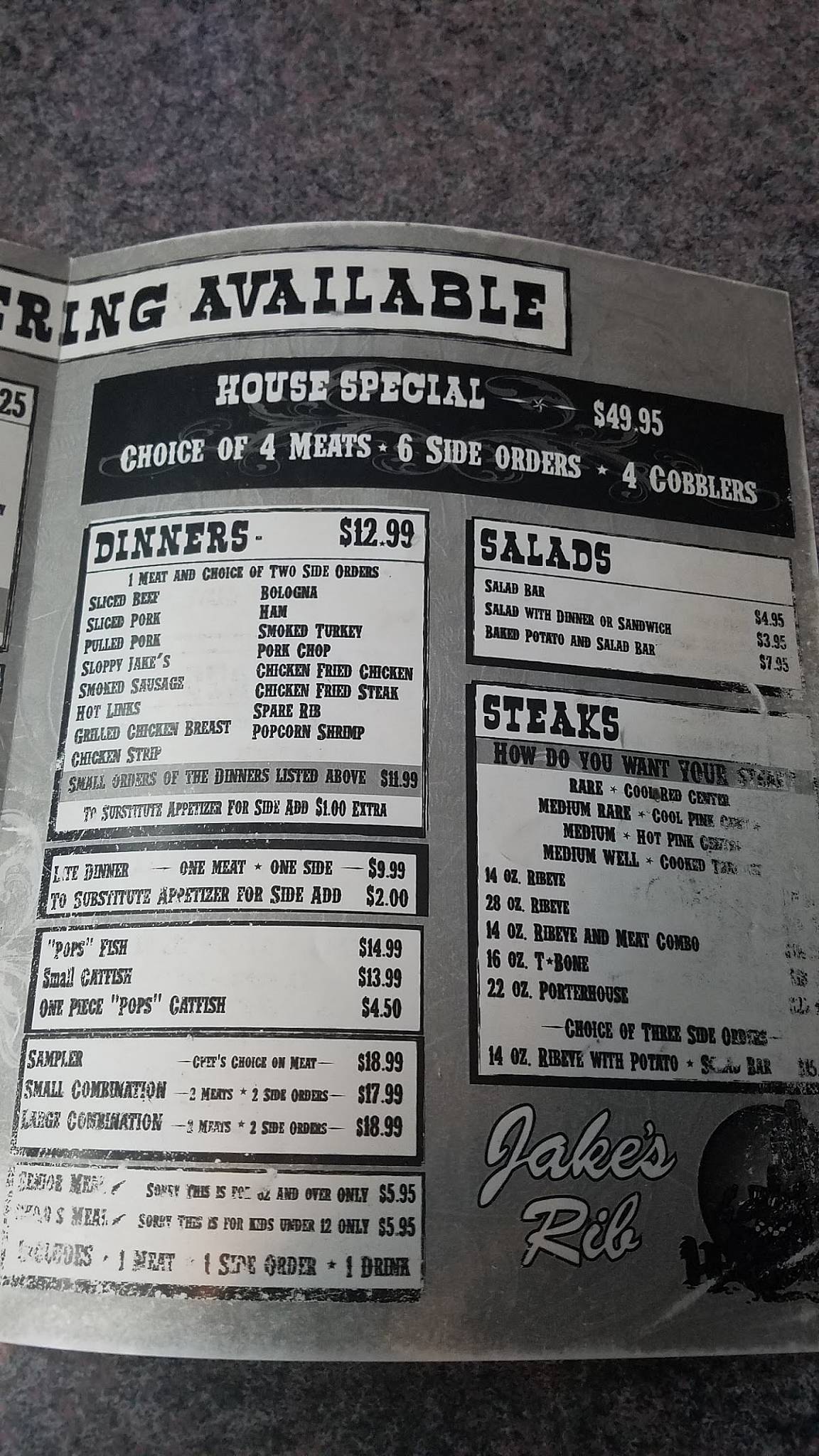 Menu at Jake's Rib BBQ, Chickasha