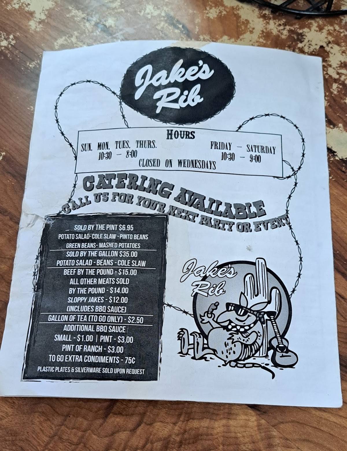 Menu at Jake's Rib BBQ, Chickasha