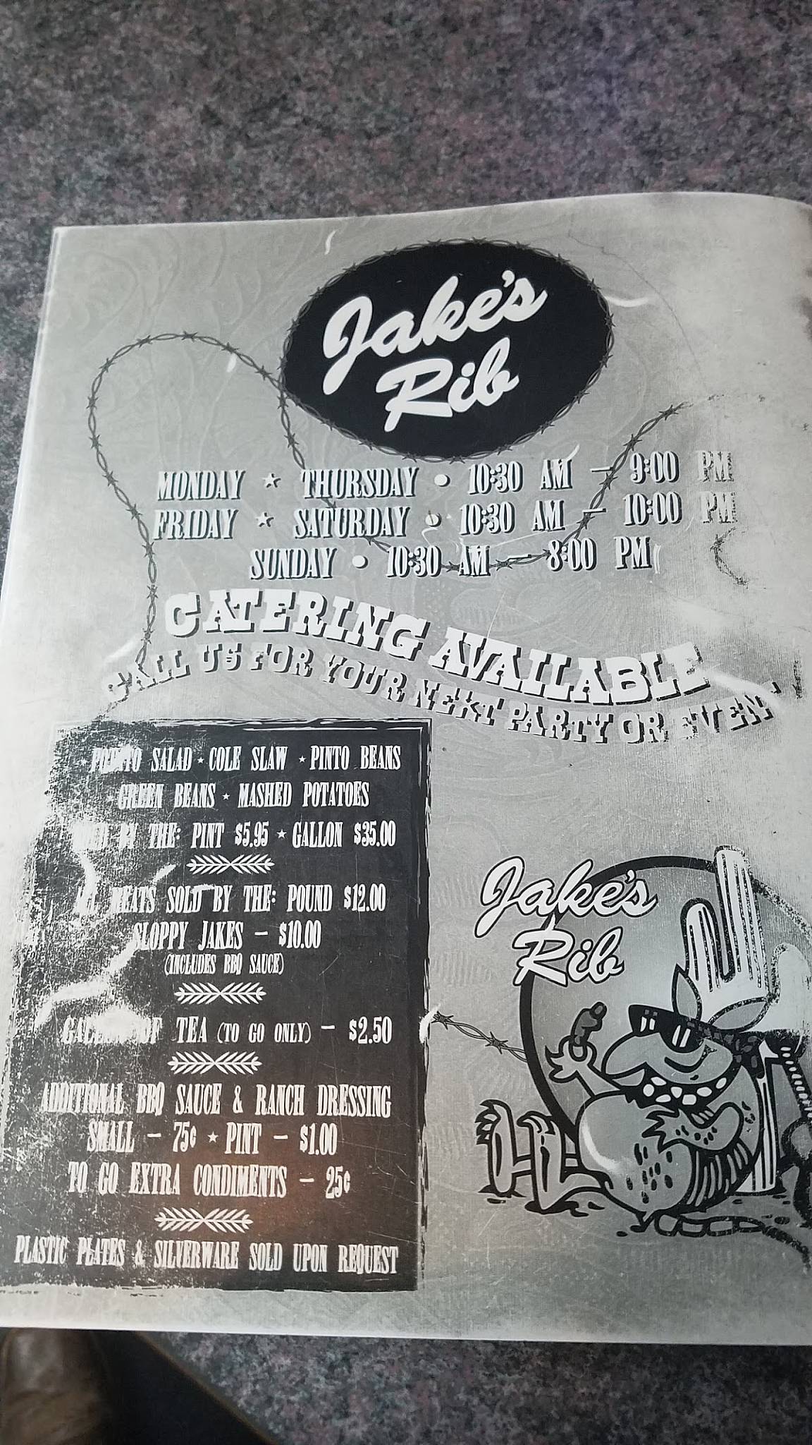 Menu at Jake's Rib BBQ, Chickasha