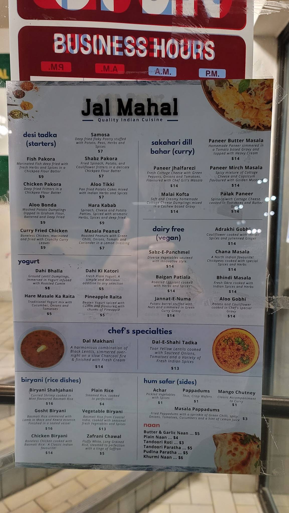 Menu at Jal Mahal restaurant, Niagara Falls