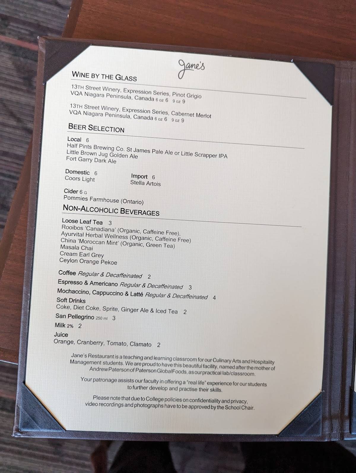 Menu at Jane's restaurant, Winnipeg
