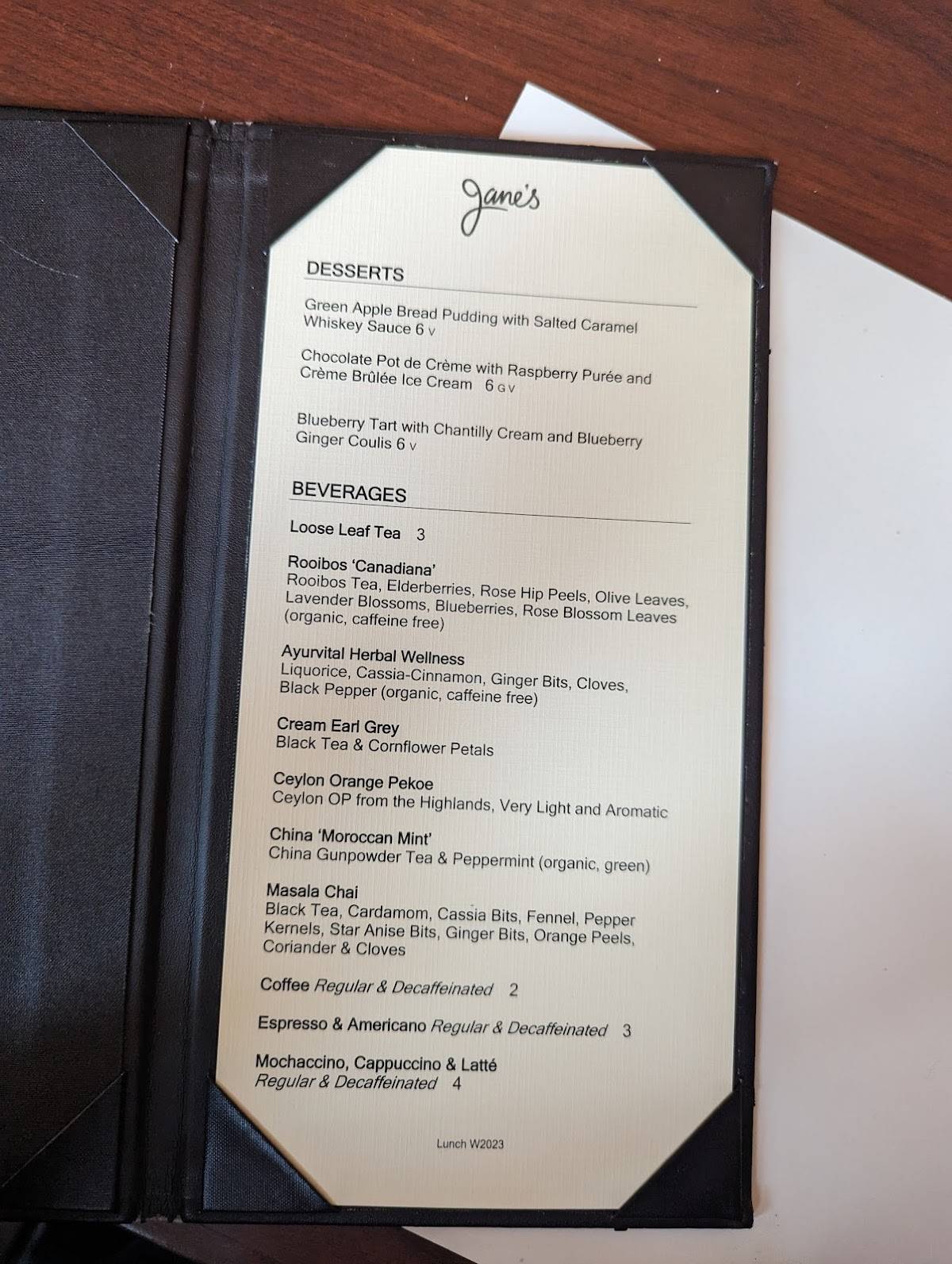 Menu at Jane's restaurant, Winnipeg