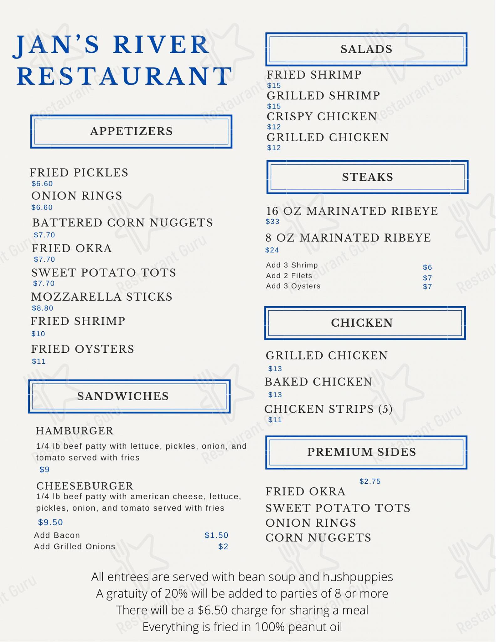 Menu at Jan's River Restaurant, Shreveport, W 70th St
