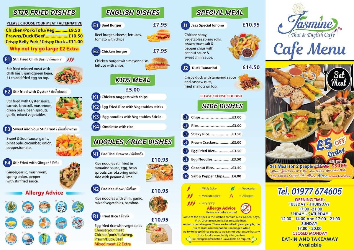 Menu at Jasmine Thai & English Cafe, Knottingley