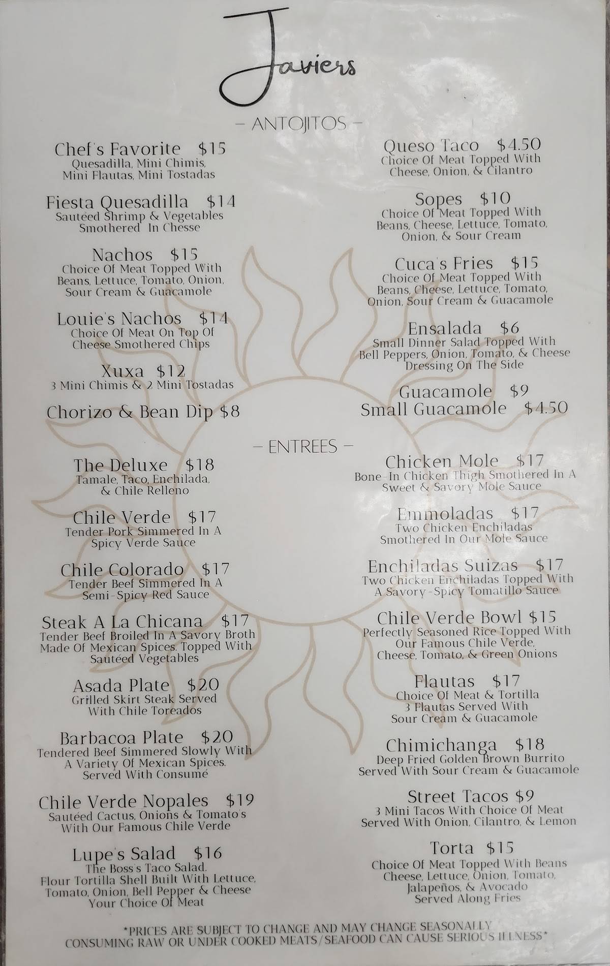 Menu at Javier's mexican restaurant and cantina, Fresno