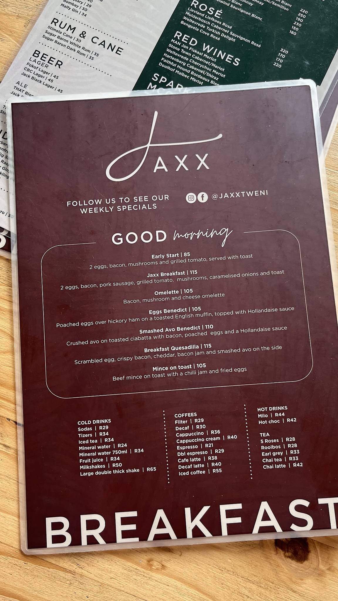 Menu at Jaxx Restaurant, Port Shepstone
