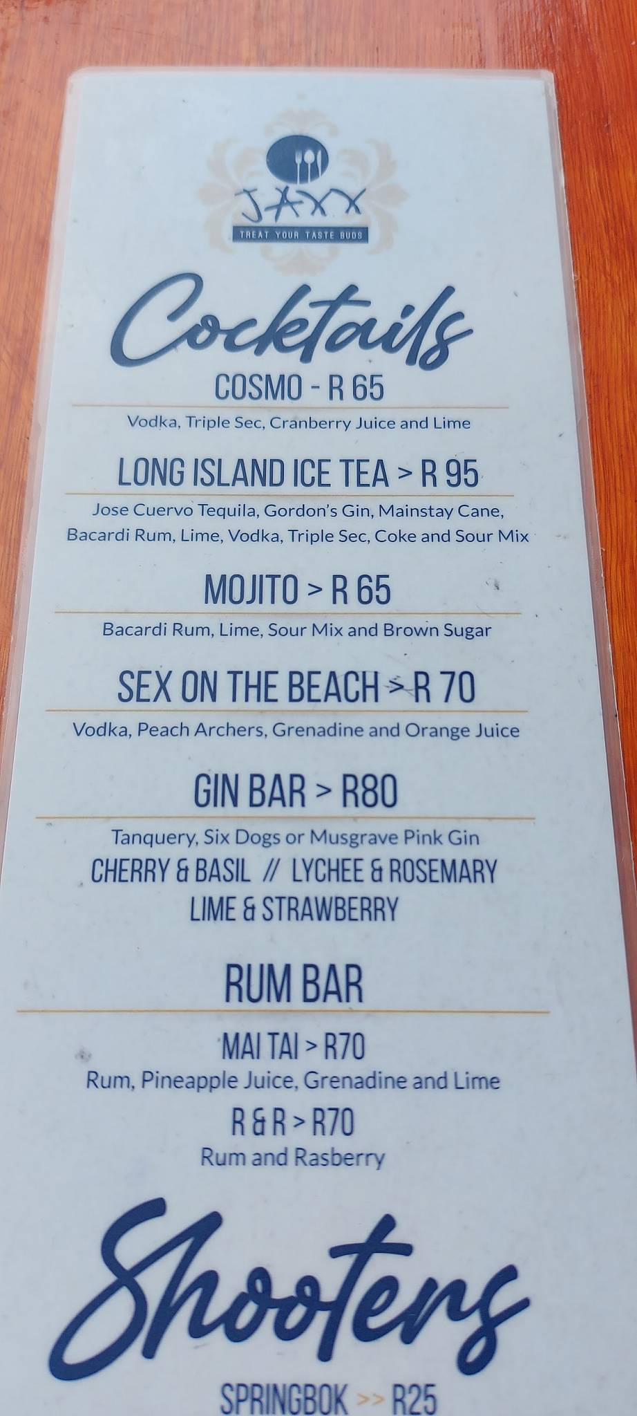Menu at Jaxx Restaurant, Port Shepstone