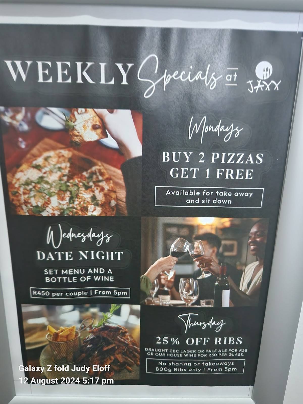Menu at Jaxx Restaurant, Port Shepstone